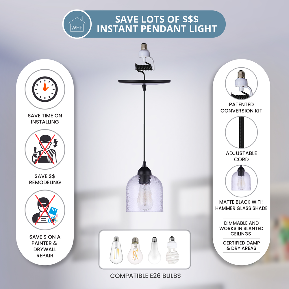 Matte Black Hammered Glass Instant Pendant Recessed Can Conversion Kit ...