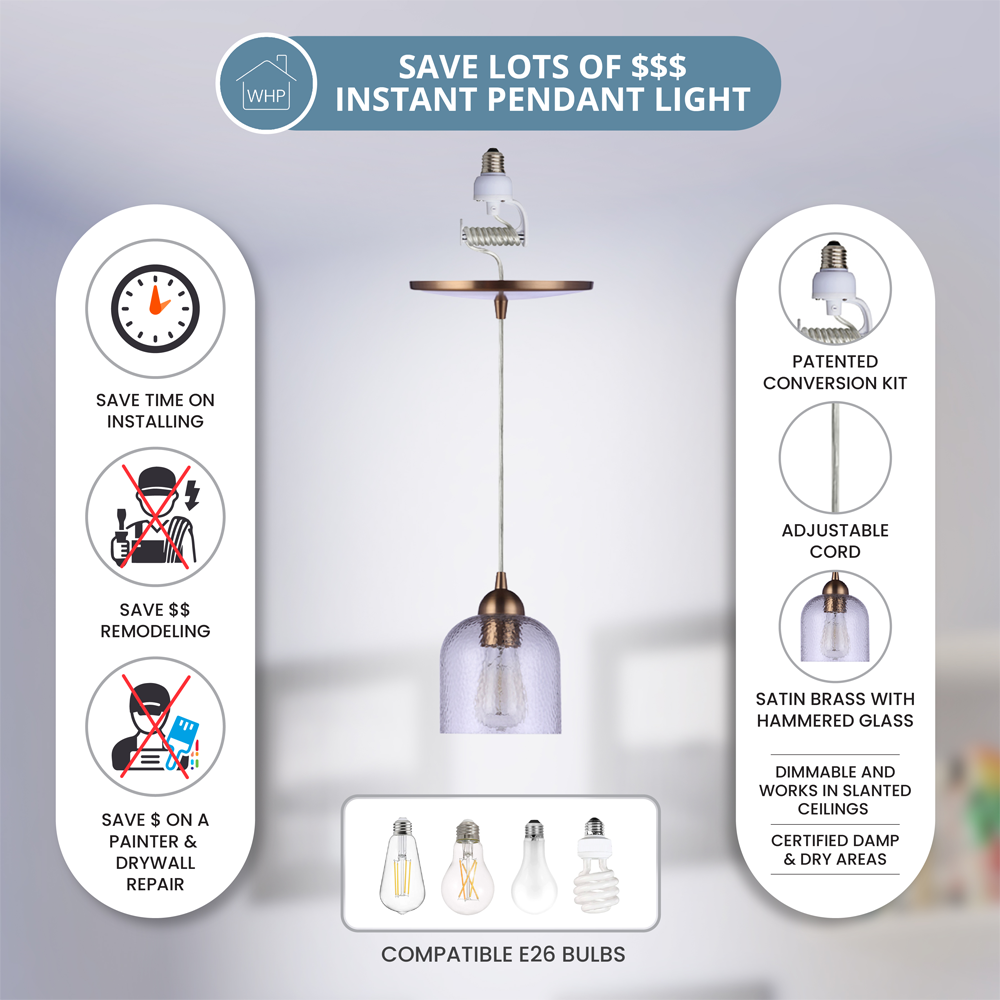 Satin Brass Hammered Glass Instant Pendant Light Recessed Can Conversi ...